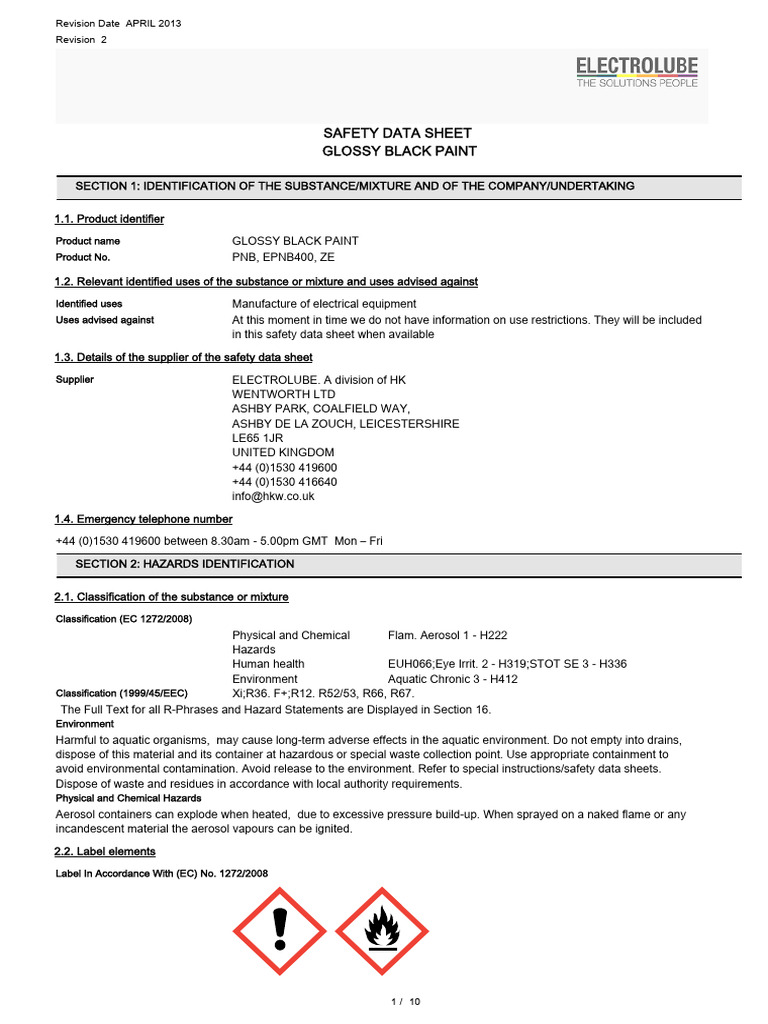 Msds Electrolube PNB High Gloss Paint Black Eng | PDF | Dangerous Goods ...