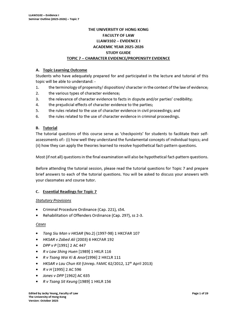 Character Evidence in Law: Seminar Guide | PDF | Relevance (Law) | Trials