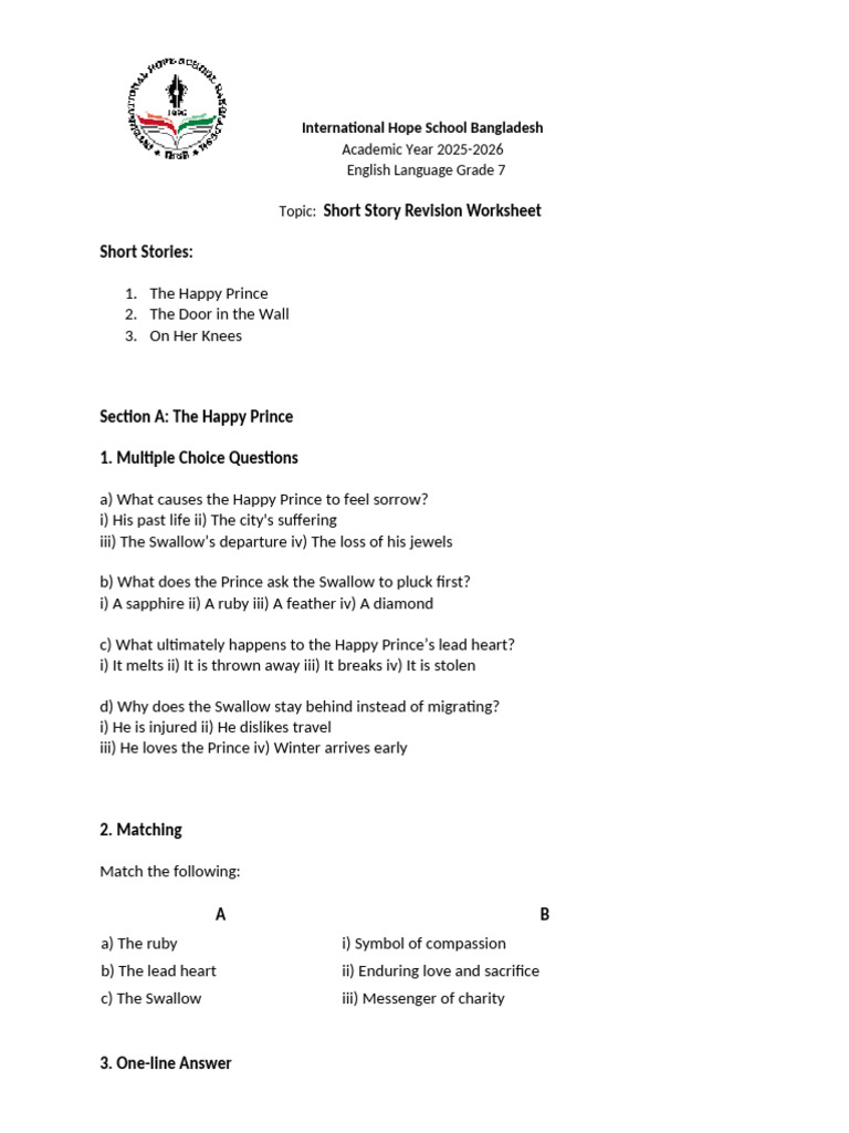 Short Story Revision Worksheet | PDF | The Happy Prince And Other Tales