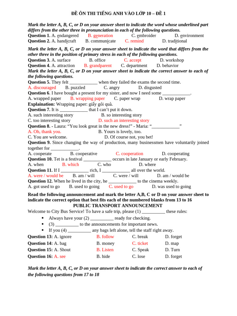 [ĐỀ 1] ĐỀ ÔN THI TIẾNG ANH VÀO LỚP 10 | PDF