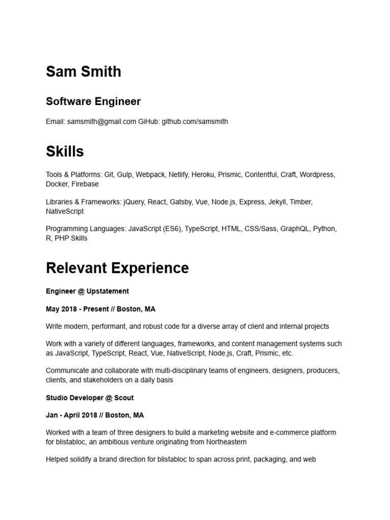 Sam Smith - Software Engineer Resume | PDF