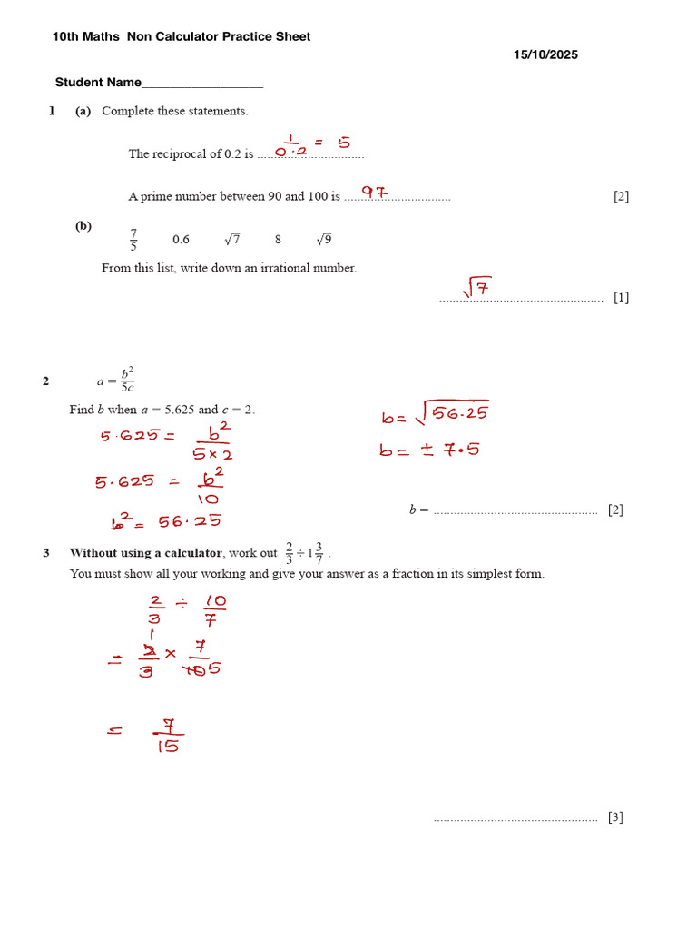 10th Maths With Calculator Practice Sheet (15!10!25) | PDF ...