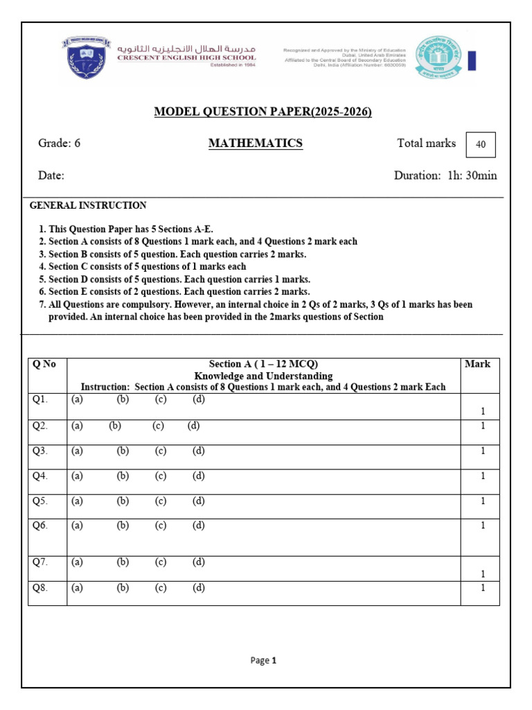 Model Question Paper PT1 | PDF | Discrete Mathematics | Mathematics