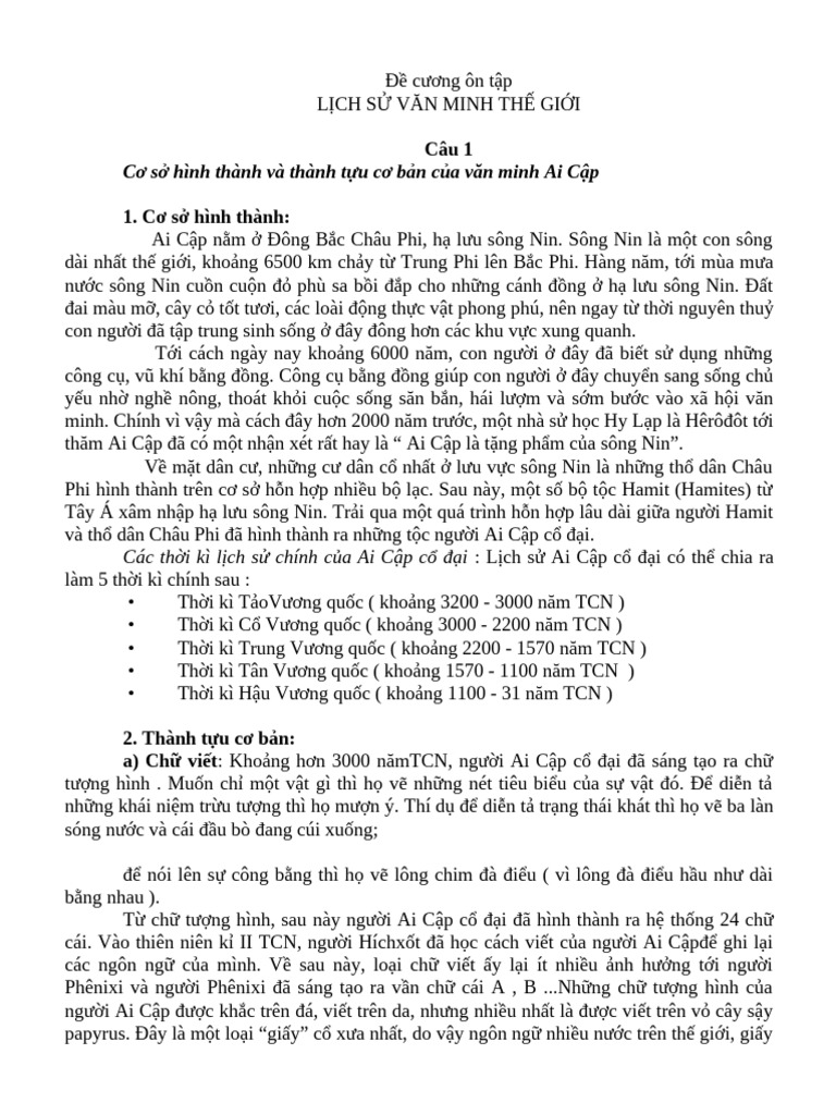 De Cuong On Tap Mon Lich Su Van Minh The | PDF