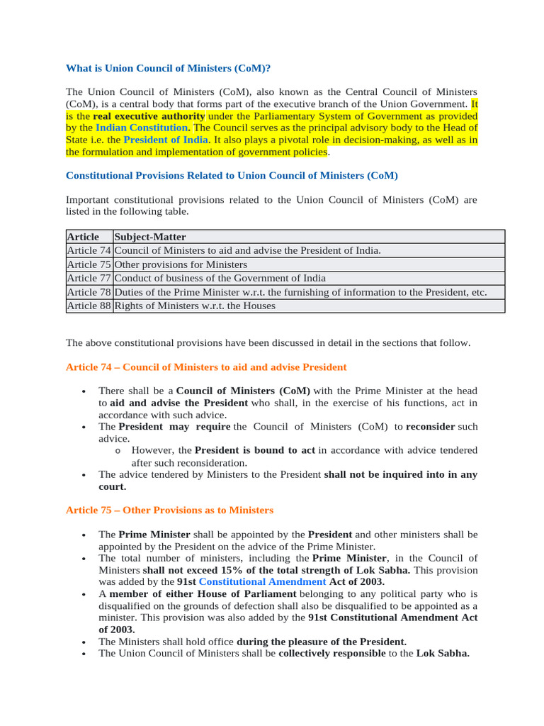 Understanding India's Union Council of Ministers | PDF | Government Of ...