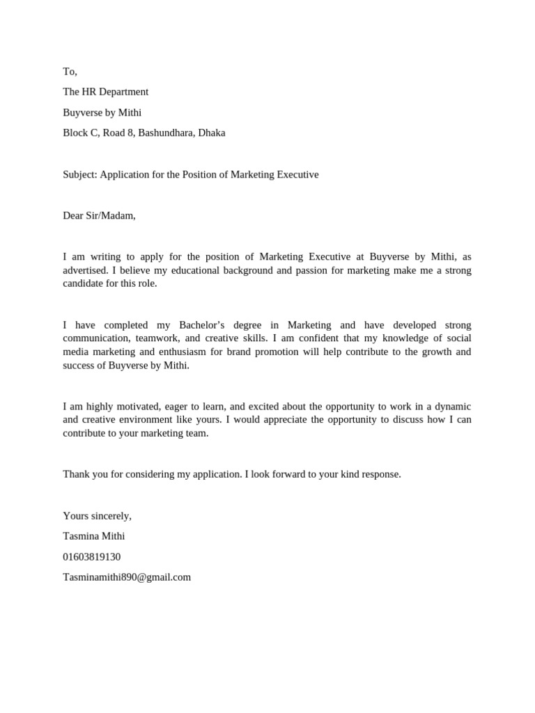 Marketing Executive Application Letter | PDF