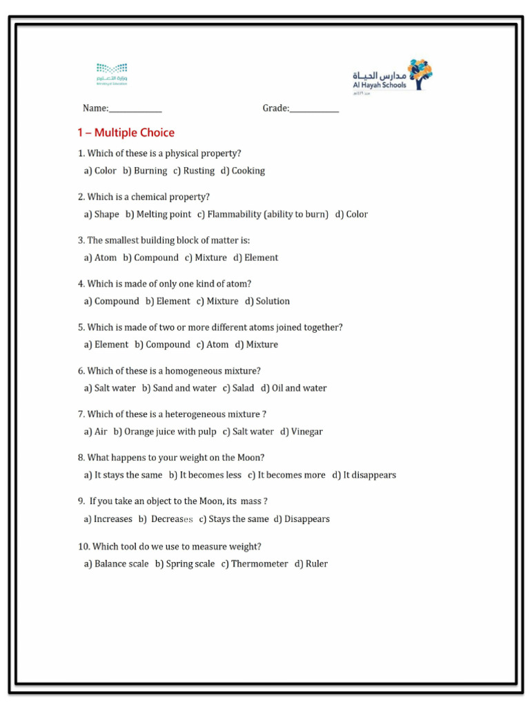 Grade6 Science Quiz | PDF | Mixture | Weight