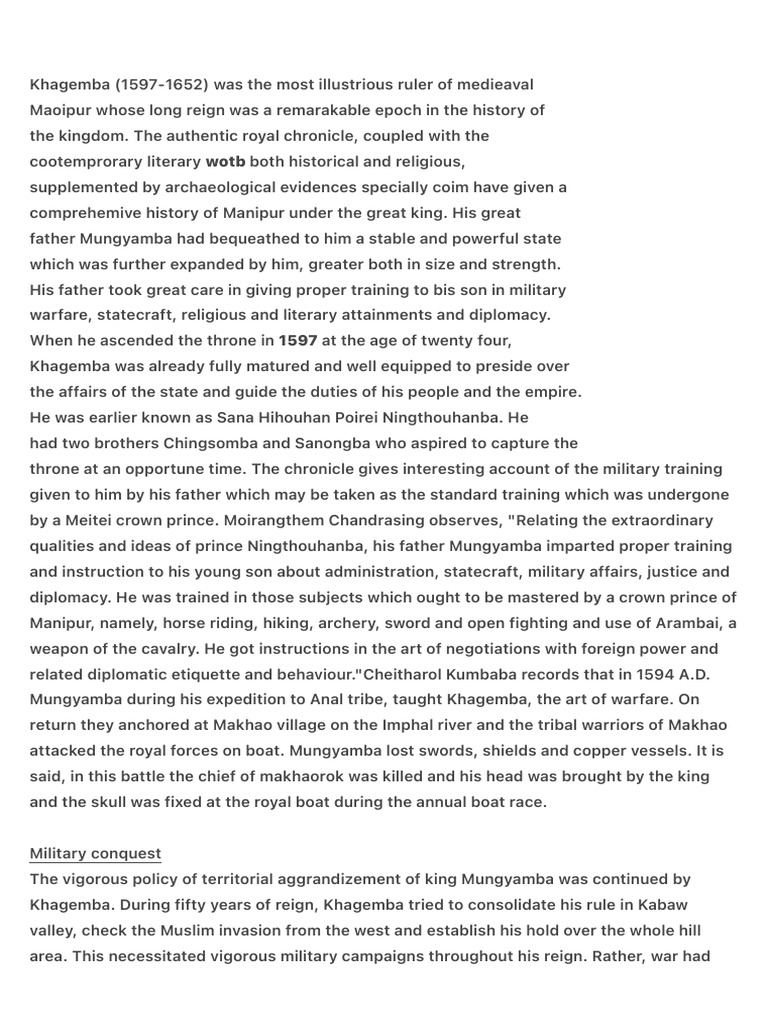 Khagemba (1597-1652) Was The Most Illustrious Ruler of Medieaval | PDF