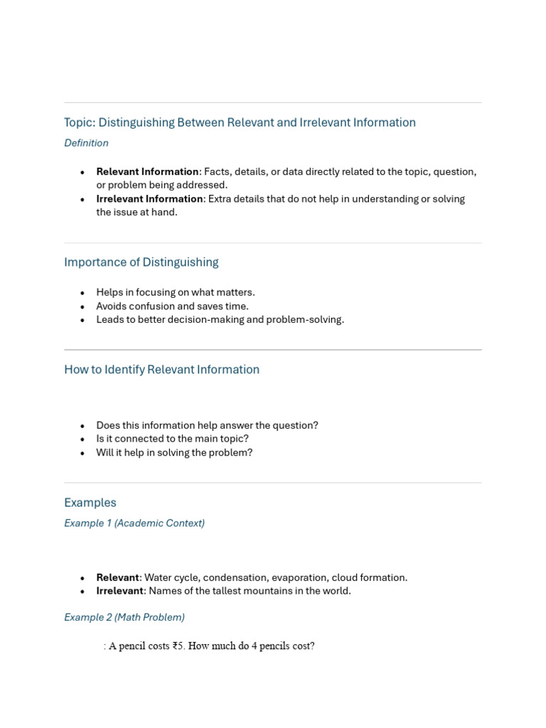 Relevant vs. Irrelevant Information Guide | PDF