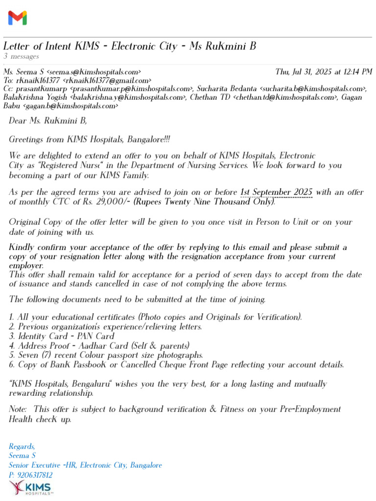 Gmail - Letter of Intent KIMS - Electronic City - Ms Rukmini B | PDF ...