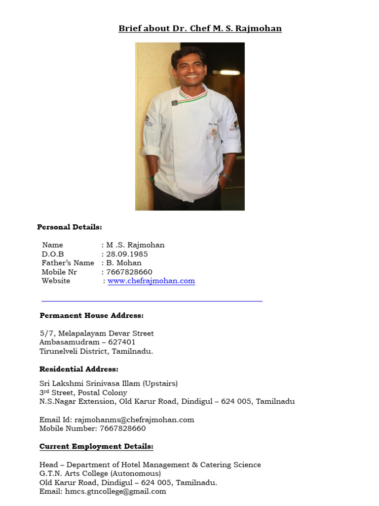Chef M.S.rajmohan Resume | PDF | Chef | Tourism