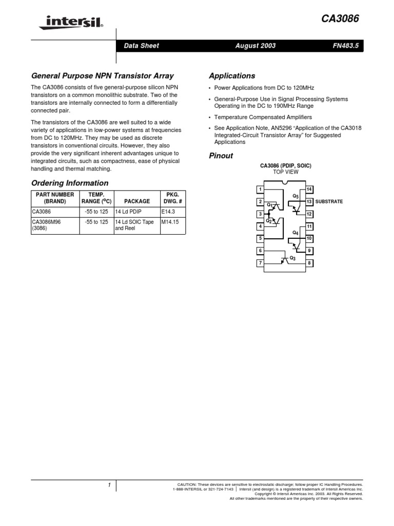 CA3086 - General Purpose NPN Transistor Array - Intersil | PDF