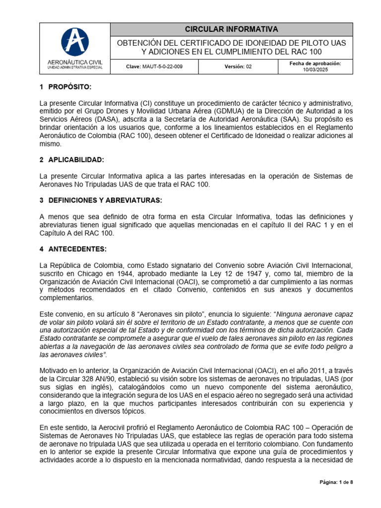MAUT-5.0-22-009 OBTENCIÓN DEL CERTIFICADO DE IDONEIDAD DE PILOTO UAS | PDF | Aviación