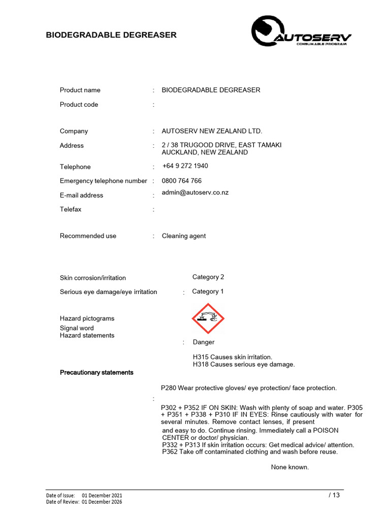 Biodegradable Degreaser Safety Data Sheet | PDF | Toxicity | Personal ...