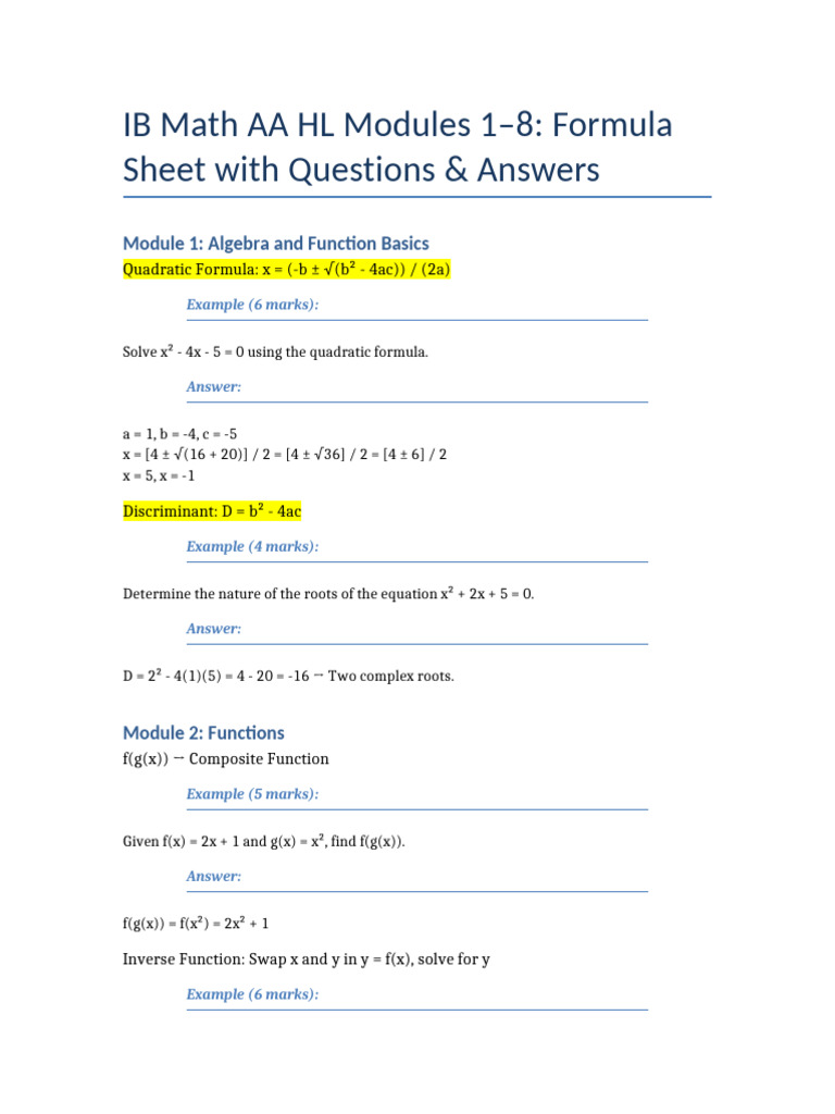IB Math AA HL Formula Sheet & Examples | PDF