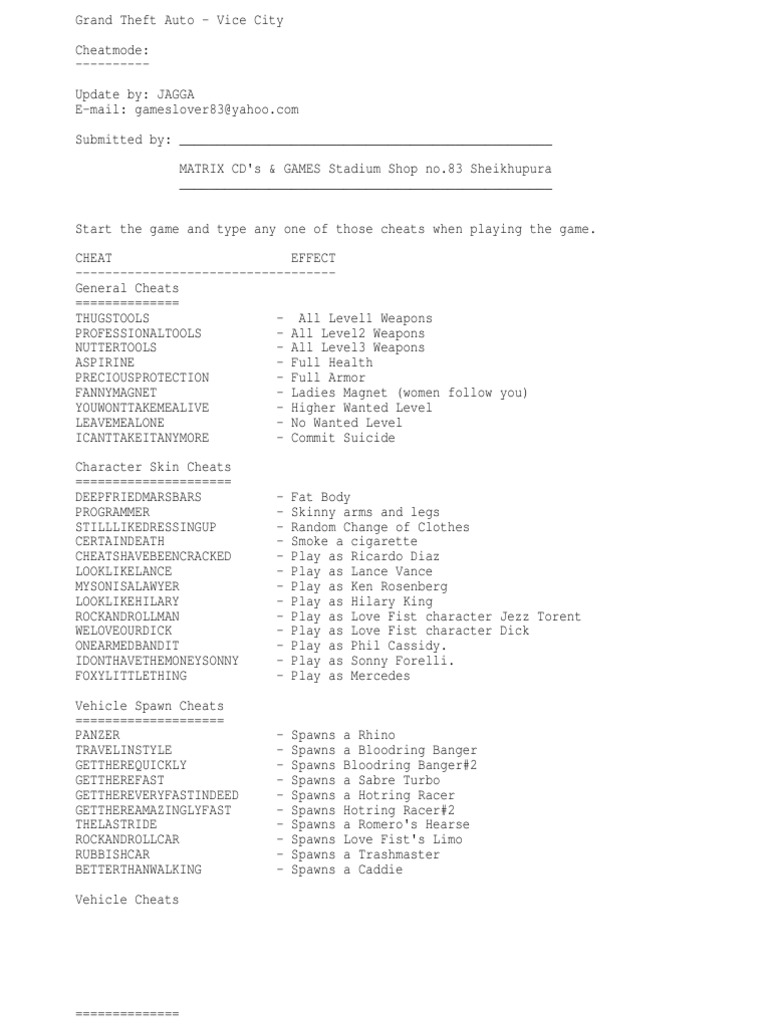 GTA VC Cheat Guide | PDF | Traffic | Transport