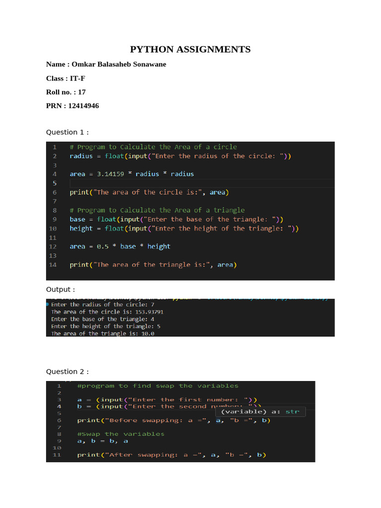 IT-F ROll-17 Python Assignments | PDF