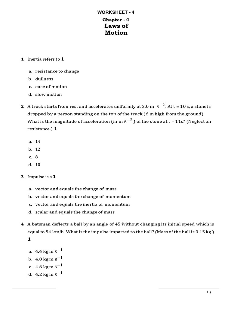 Laws of Motion Worksheet Answers | PDF | Force | Weight