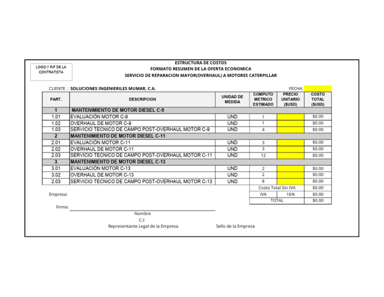Estructura de Costos Overhaul Mot Diesel | PDF
