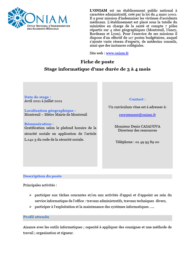 Stage informatique à l'ONIAM à Montreuil | PDF