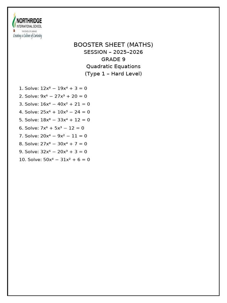 Grade 9 Hard Quadratic Equations | PDF