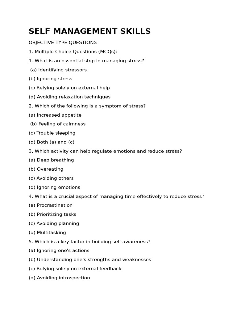 Self Management Skills: MCQs & Insights | PDF | Stress Management ...