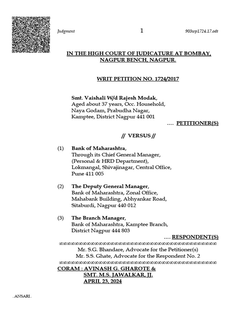 Vaishali W - D Rajesh Moda Vs Bank of Maharashtra | PDF | Pension