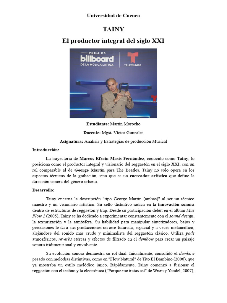 Tainy - El Productor Integral Del Siglo XXI (Ensayo) | PDF | Musica ...