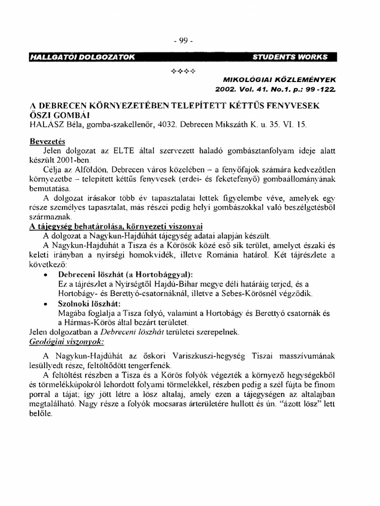 A Debrecen Környezetében Telepített Kéttűs Fenyvesek Őszi Gombái ...