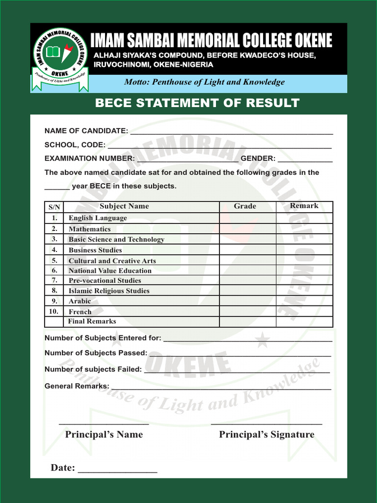 BECE Result Statement for Imam Sambai College | PDF