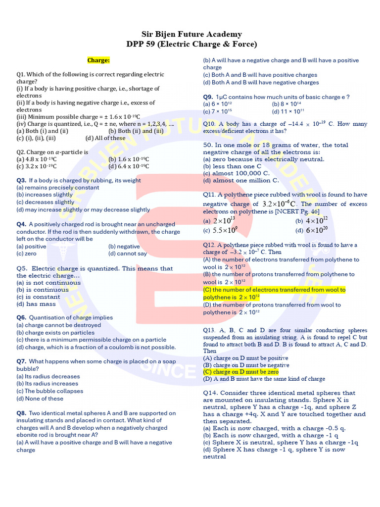 DPP 59 - Electrostatics (Electric Charge & Force) | PDF | Electric ...