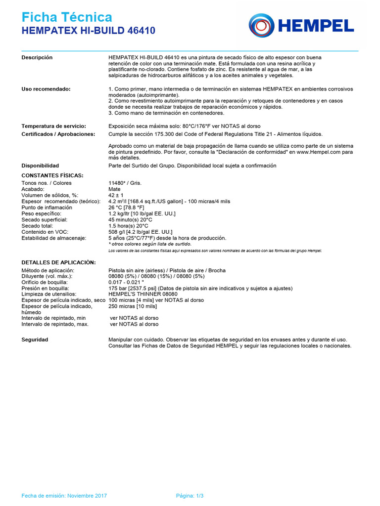 Hempel - Hempatex Hi-build 46410 - Ficha Técnica | PDF | Pintar | Agua