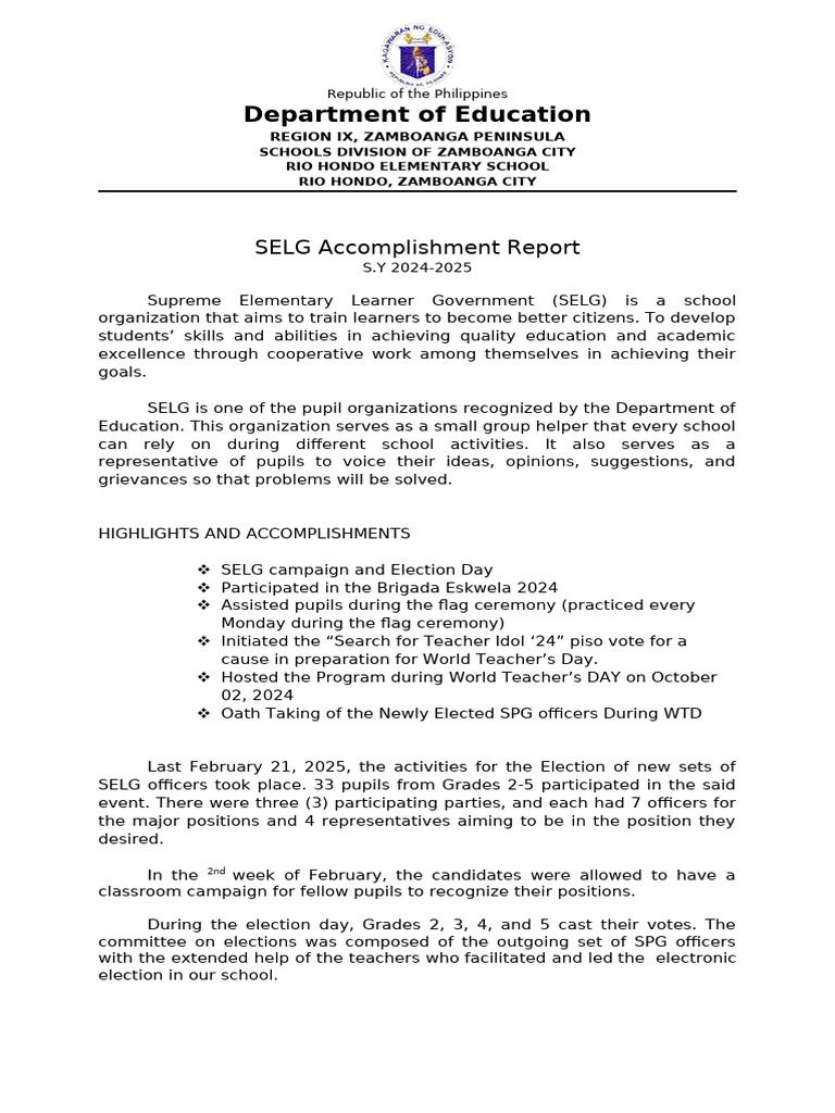 SELG Accomplishment Report 2024-2025 | PDF | Cognition | Learning