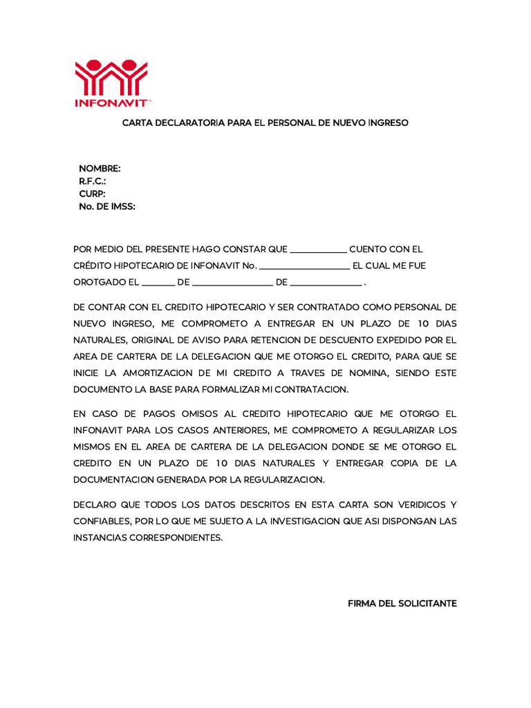Carta Declaratoria de Crédito Hipotecario Infonavit | PDF