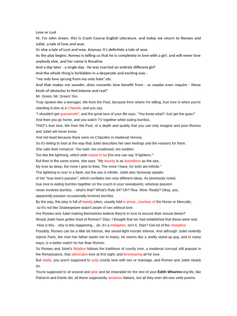Love vs. Lust in Romeo and Juliet | PDF | Characters In Romeo And ...