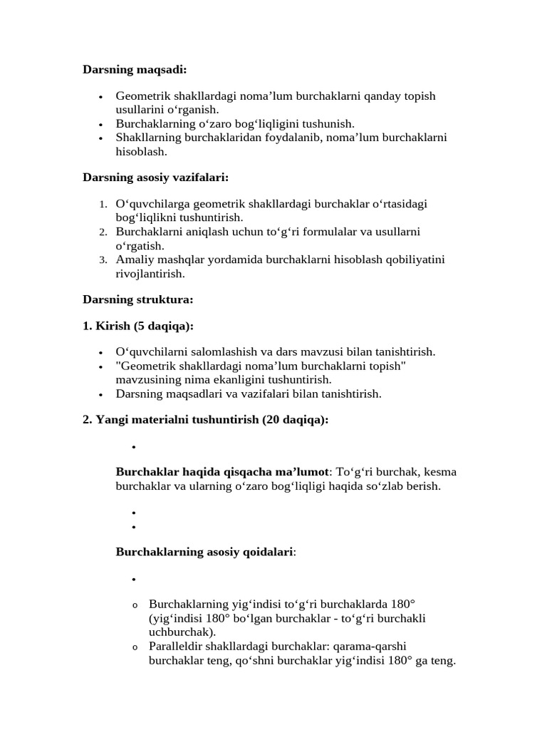 6-Sinf Burchaklar Mavzusi Uchu N Dars Ishlanma | PDF