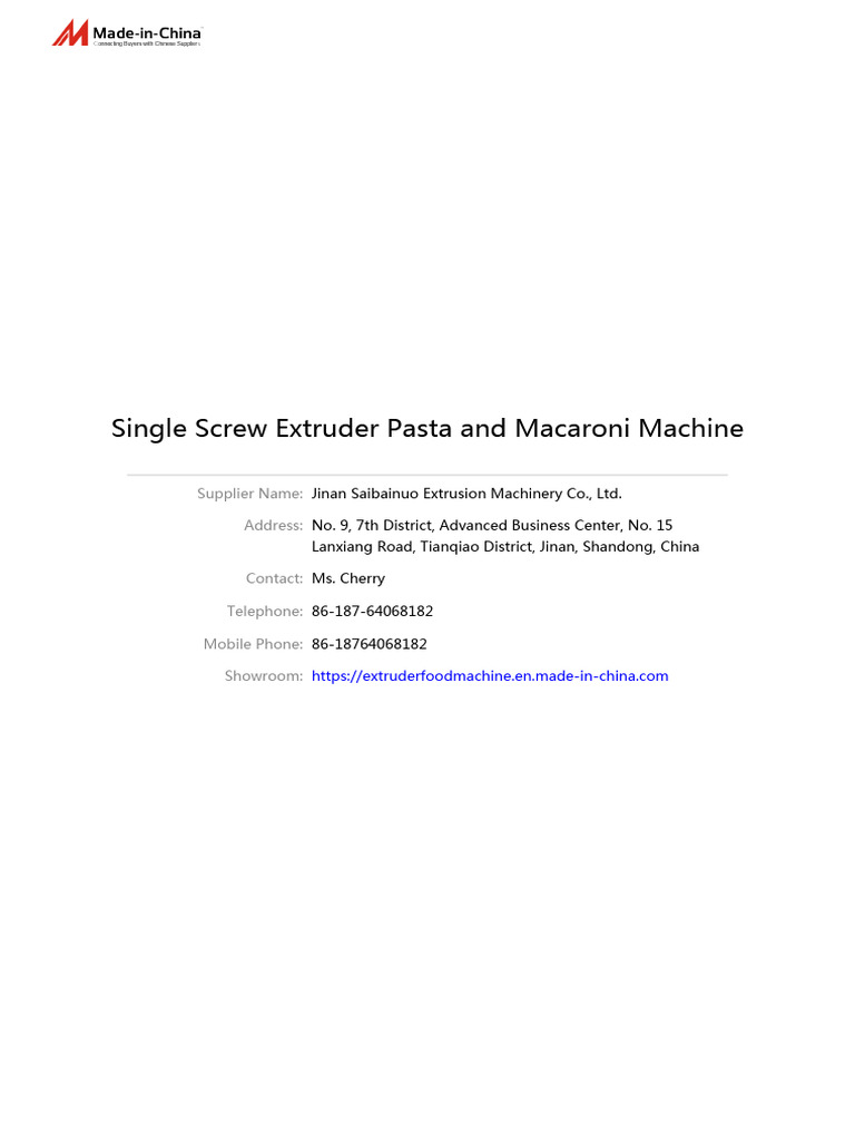 Single Screw Extruder Pasta and Macaroni Machine | PDF | Pasta | Extrusion