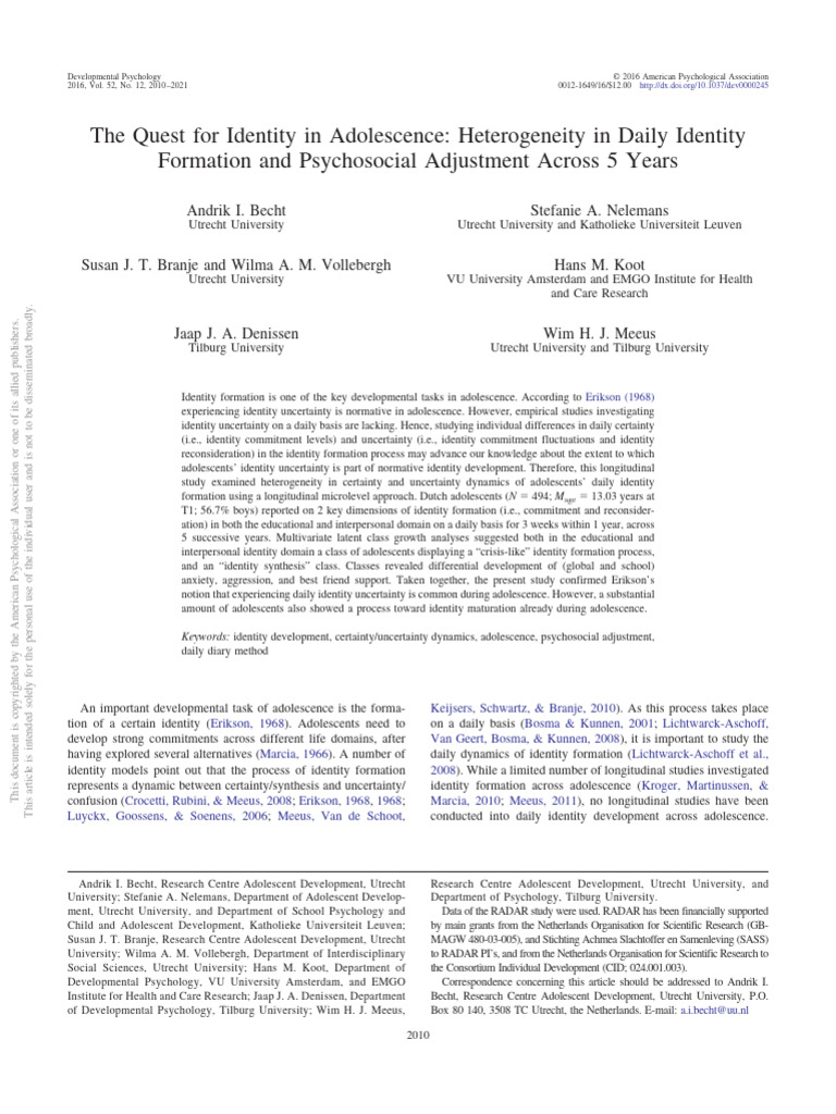 The Quest For Identity in Adolescence: Heterogeneity in Daily Identity ...