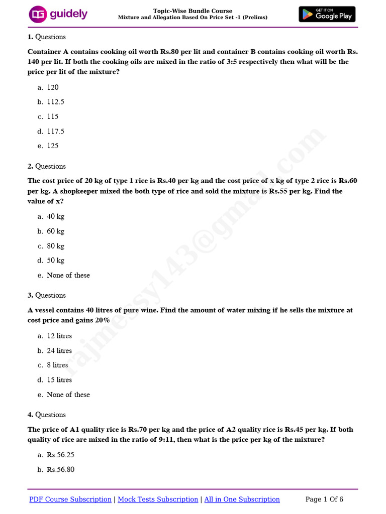 Mixture and Allegation Practice Set | PDF