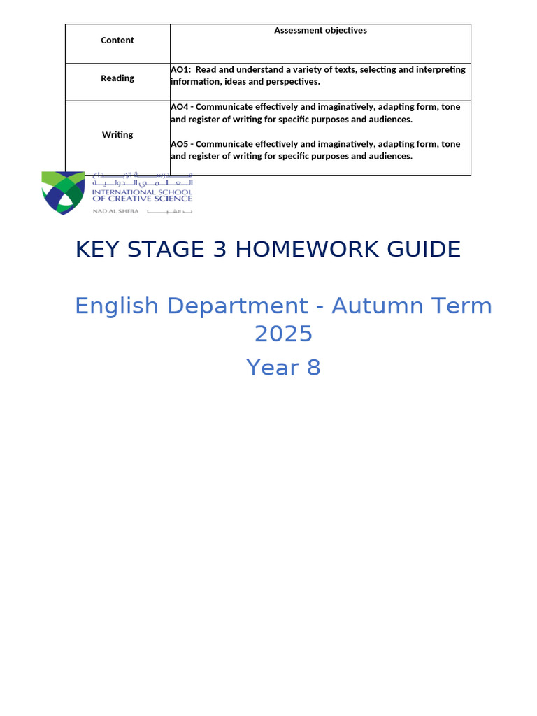 Year 8 English Homework Guide | PDF | Rhetoric | Reading Comprehension