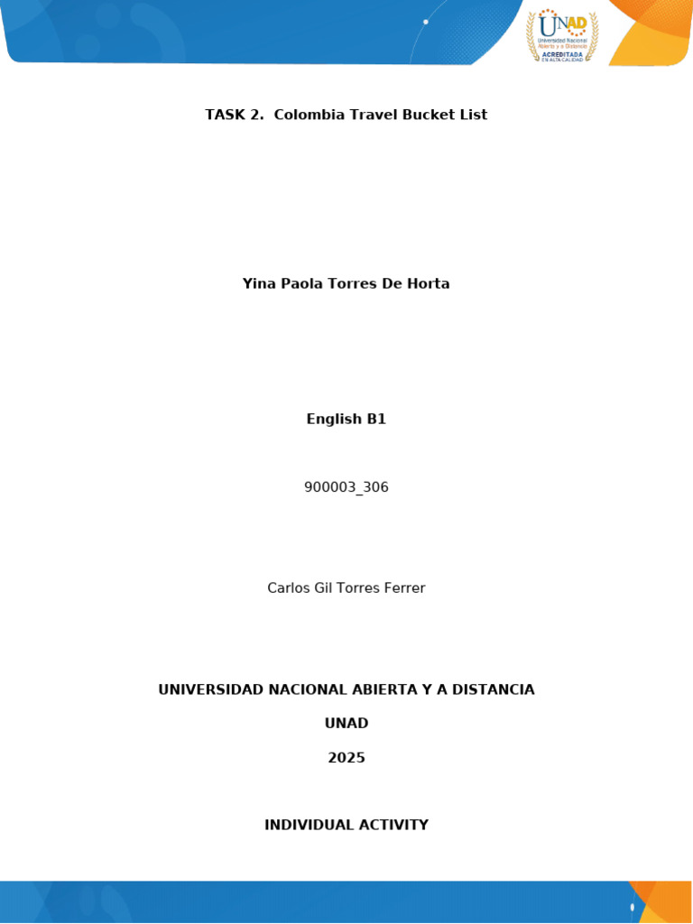 Annex 1 - Final template - Task 2 –Colombia Summer Bucket List . | PDF