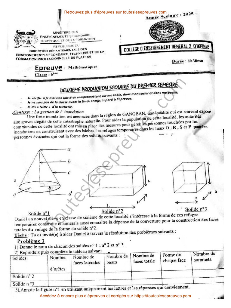1er Devoir Du 1er Semestre 2025-2026 - Mathématiques 6ème - CEG 2 Ikpinlè | PDF