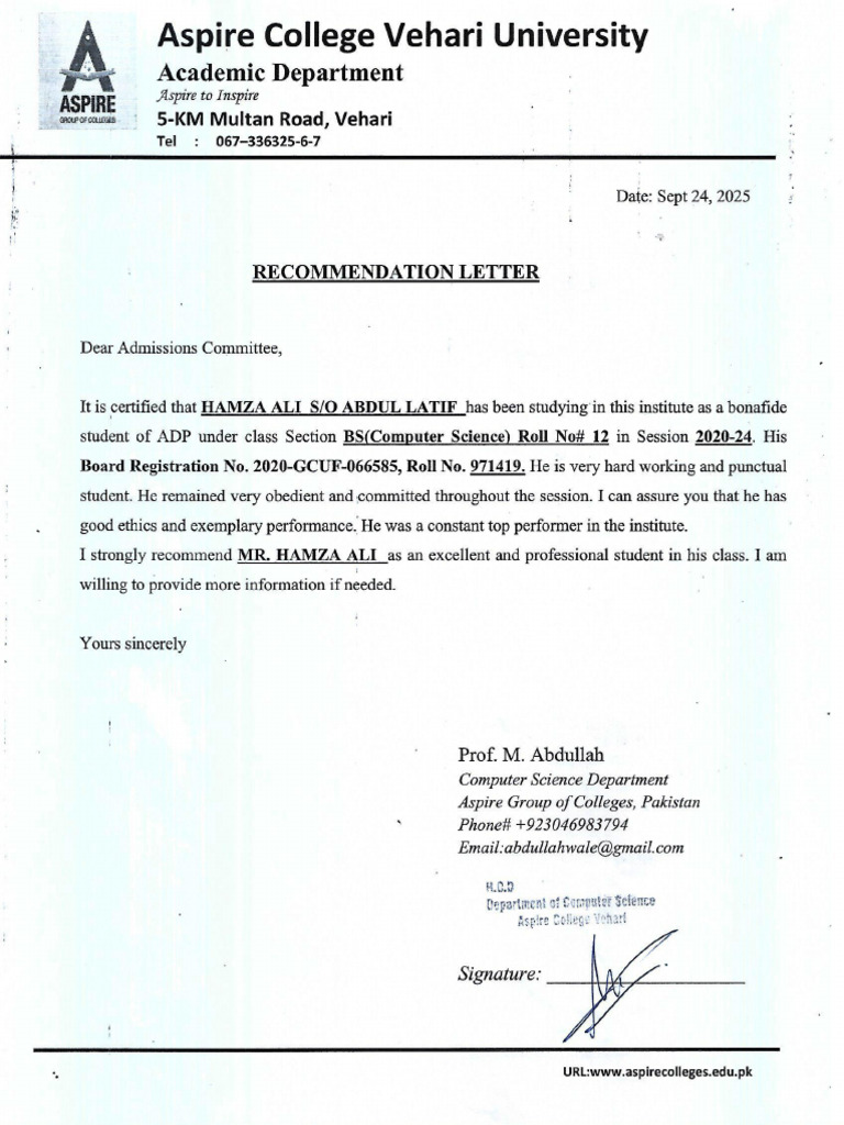 Hamza Recommendation Letter 1 | PDF