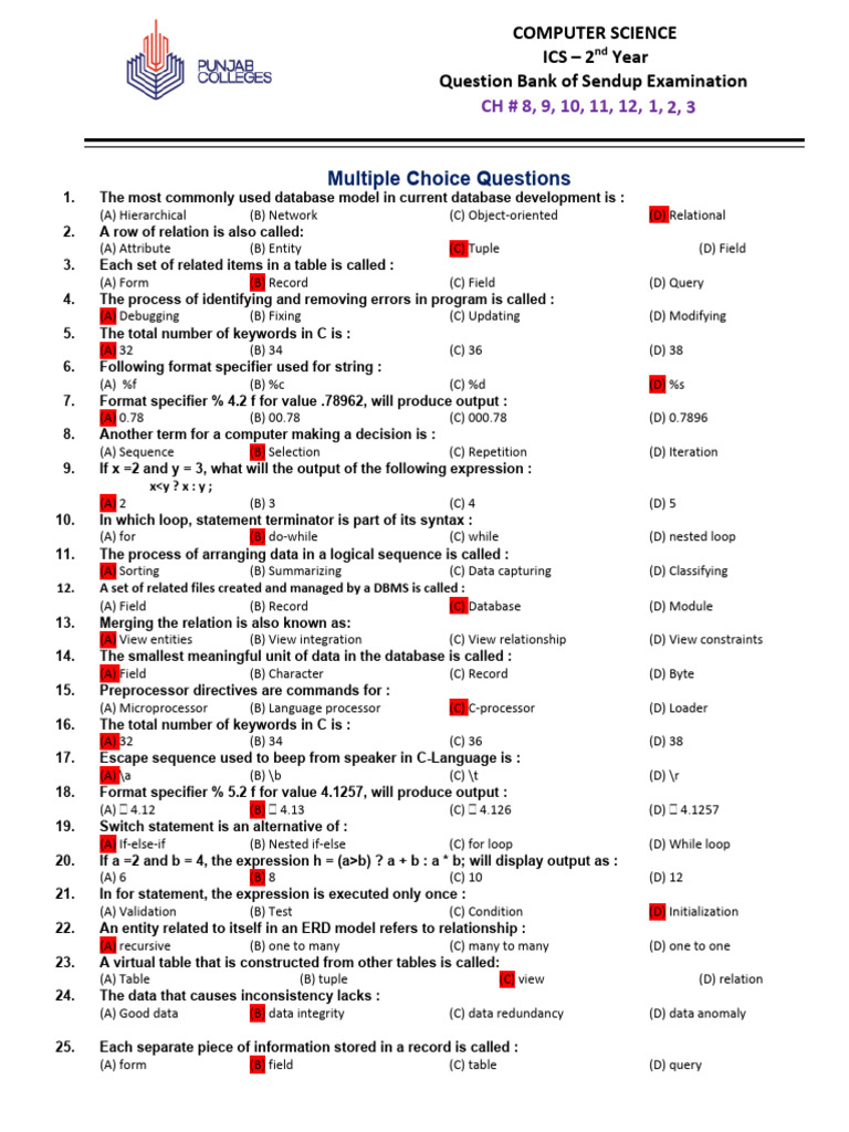 Computer Science MCQs for Exams | PDF | Relational Model | Control Flow