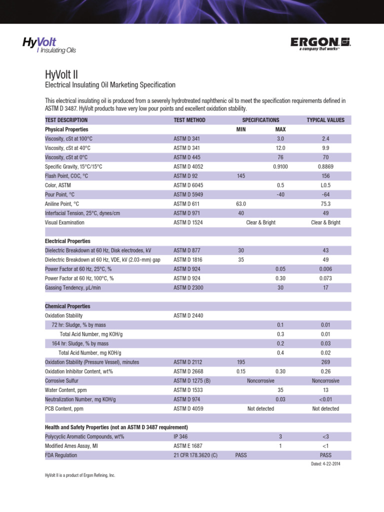 HyVolt II Electrical Insulating Oil Specs | PDF | Chemical Substances ...