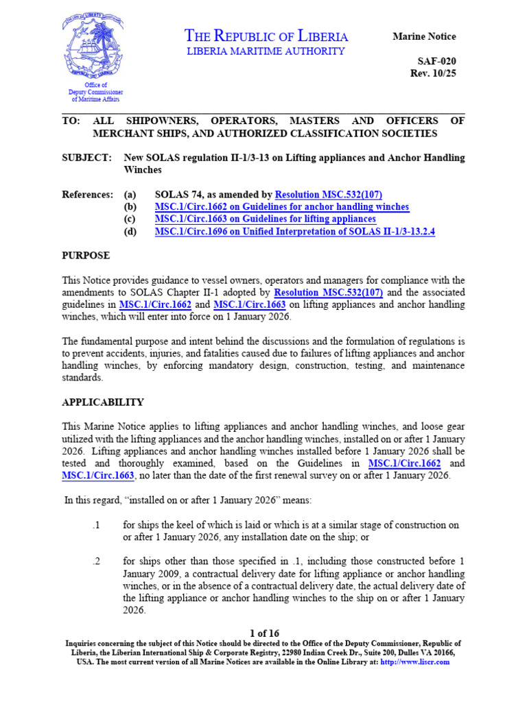 Liberia Marine Notice on SOLAS Compliance | PDF | Crane (Machine) | Anchor
