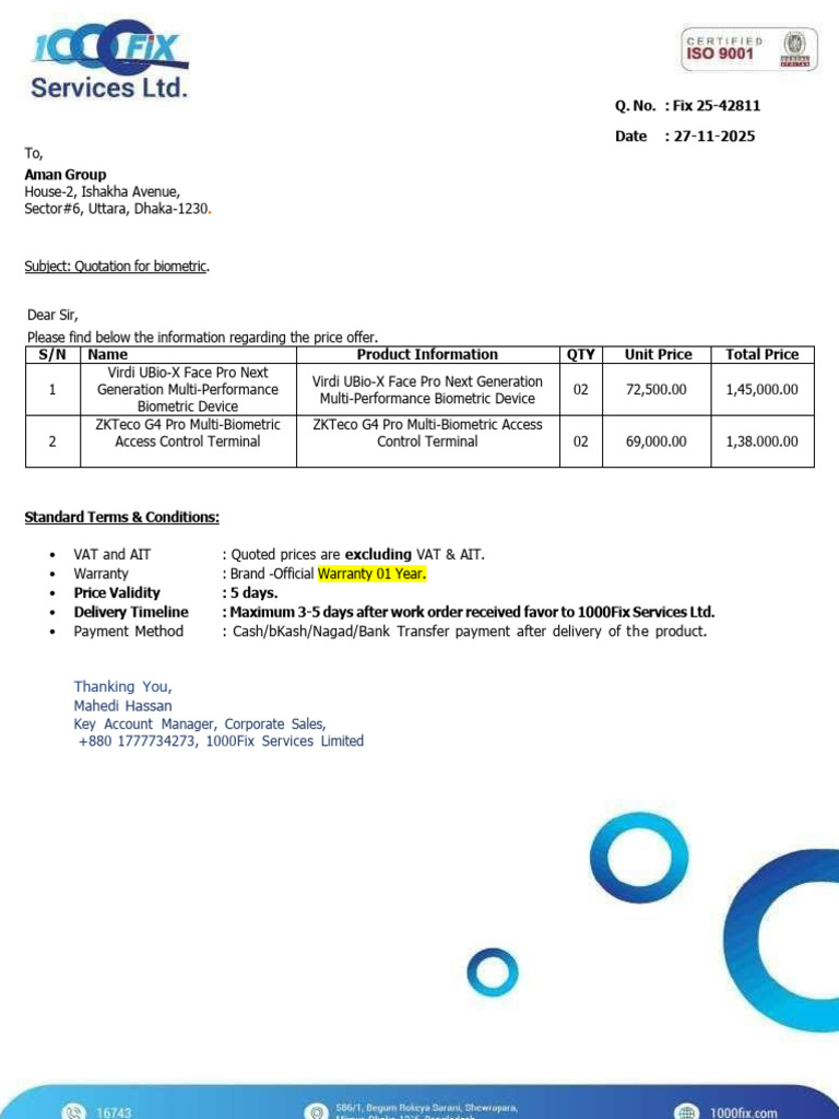 Biometric Device Quotation for Aman Group | PDF