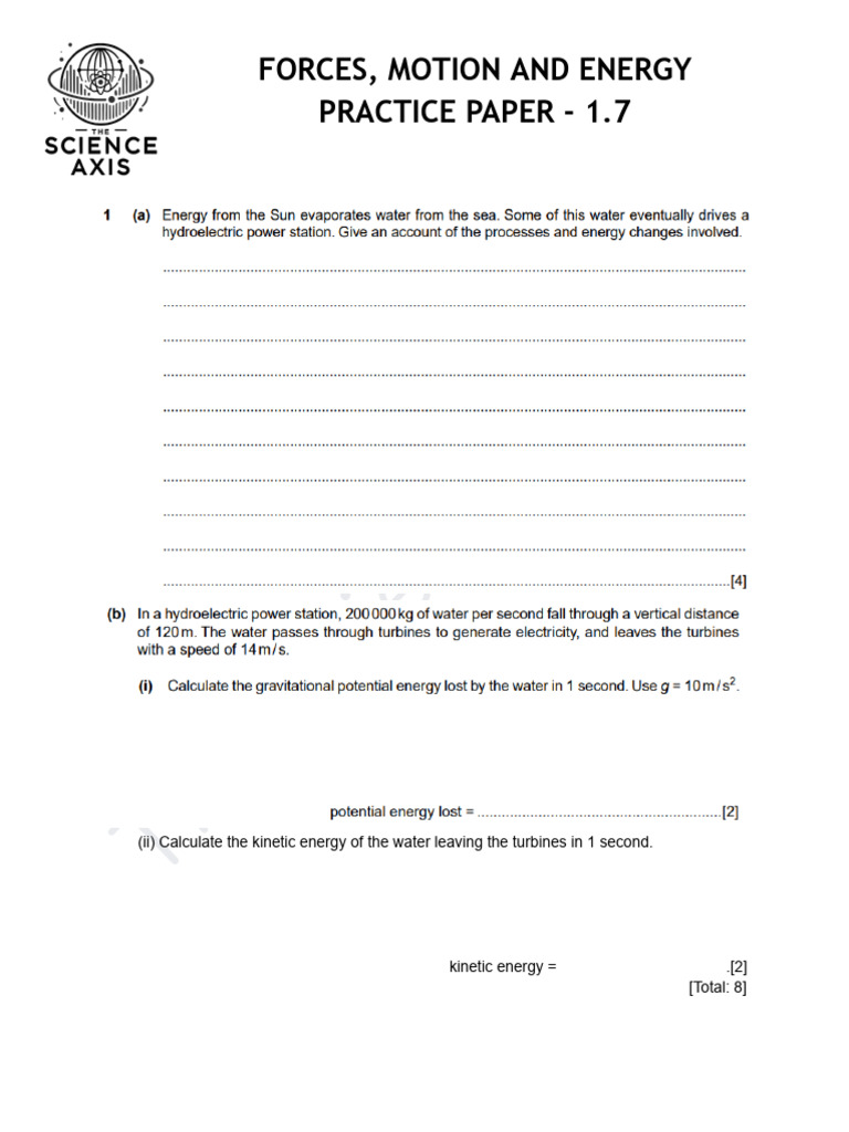 Forces, Motion & Energy - Practice Paper- 1.7 - Work, Energy & Power | PDF