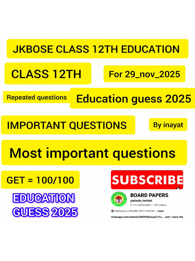 Jkbose Class 12th Education Guess 2025 by Inayat! | PDF