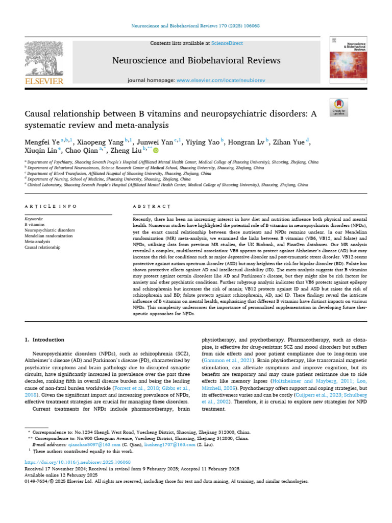 Causal relationship between B vitamins and neuropsychiatric disorders ...